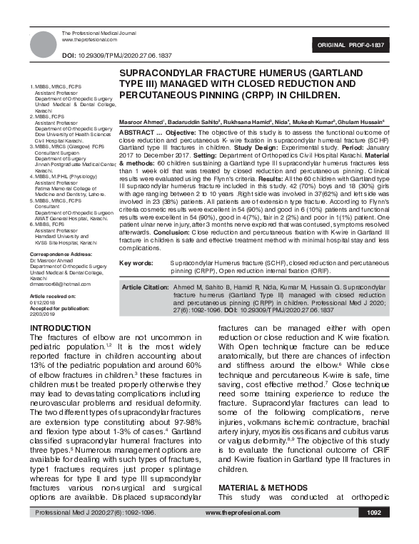 (PDF) Supracondylar fracture humerus (Gartland Type III) managed with ...