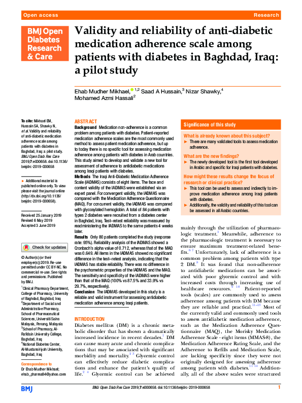 (PDF) Validity and reliability of anti-diabetic medication adherence ...