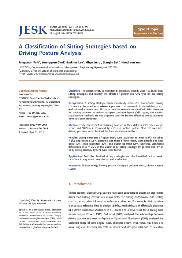 Pdf A Classification Of Sitting Strategies Based On Driving Posture Analysis