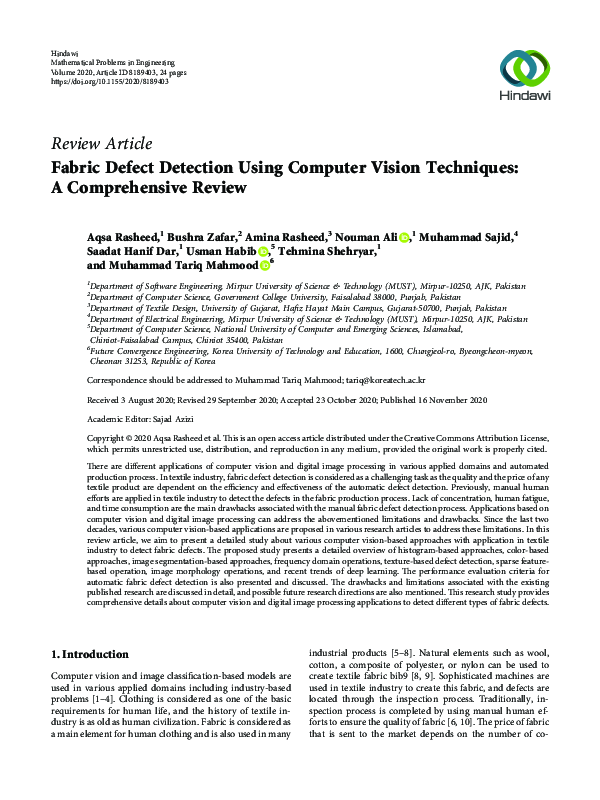 Pdf Fabric Defect Detection Using Computer Vision Techniques A