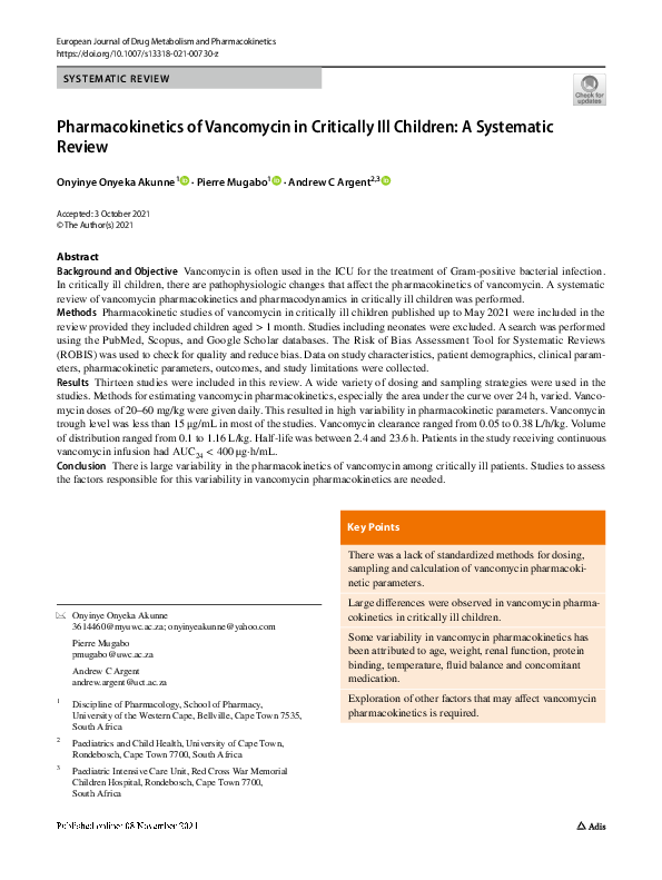 (PDF) Pharmacokinetics of Vancomycin in Critically Ill Children: A ...