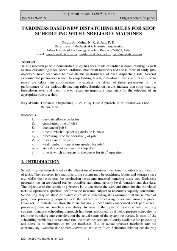 (PDF) Tardiness based new dispatching rules for shop scheduling with unreliable machines