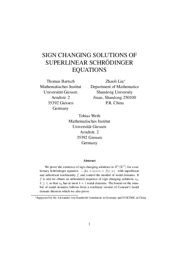 (PDF) Sign Changing Solutions of Superlinear Schrödinger Equations