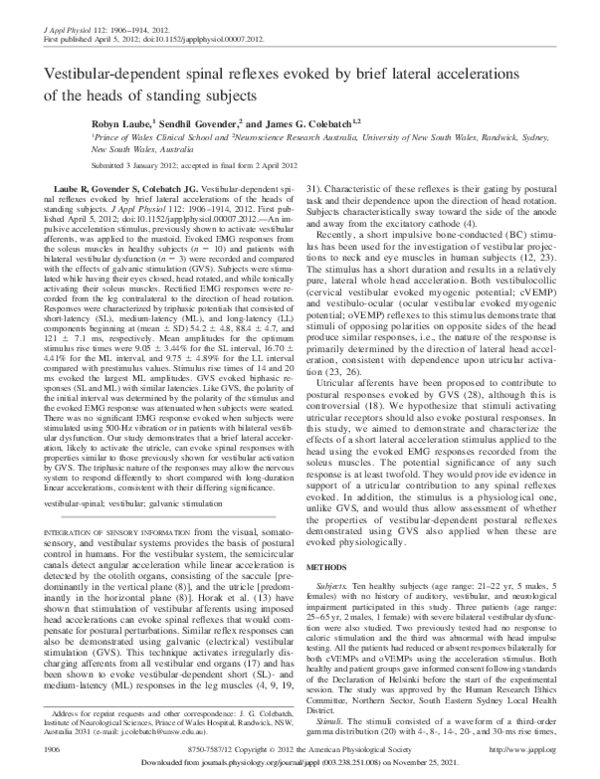 (PDF) Vestibular-dependent spinal reflexes evoked by brief lateral ...