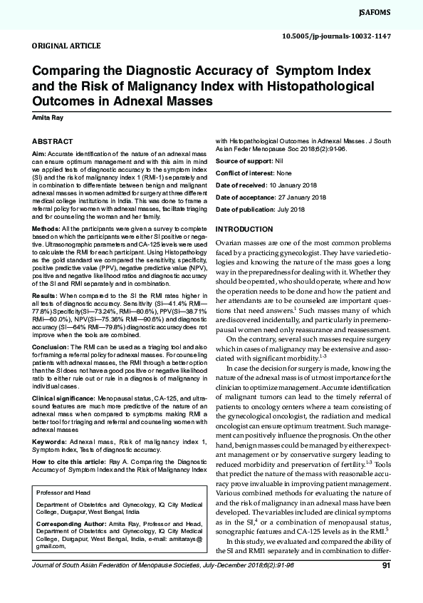 Pdf Comparing The Diagnostic Accuracy Of Symptom Index And The Risk Of Malignancy Index With