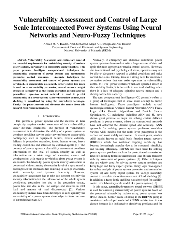 Pdf Vulnerability Assessment And Control Of Large Scale Interconnected Power Systems Using