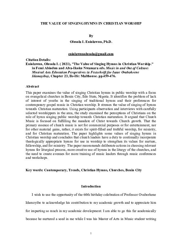 (PDF) THE VALUE OF SINGING HYMNS IN CHRISTIAN WORSHIP