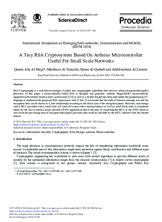 Pdf A Tiny Rsa Cryptosystem Based On Arduino Microcontroller Useful For Small Scale Networks
