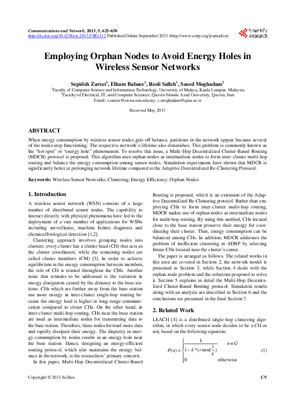(PDF) Employing Orphan Nodes to Avoid Energy Holes in Wireless Sensor Networks