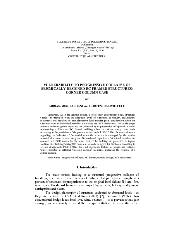 Pdf Vulnerability To Progressive Collapse Of Seismically Designed Rc Framed Structures Corner