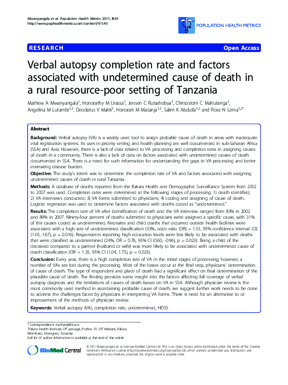 (PDF) Verbal autopsy completion rate and factors associated with ...
