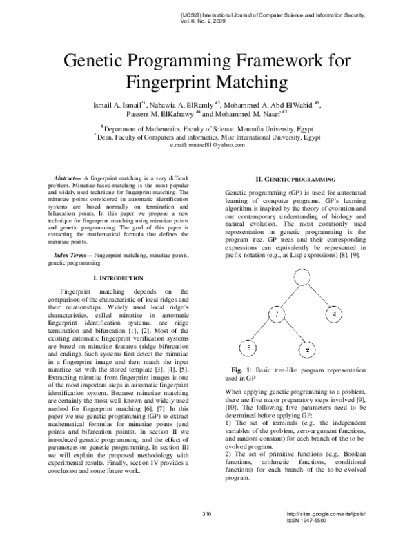 (PDF) Genetic Programming Framework for Fingerprint Matching