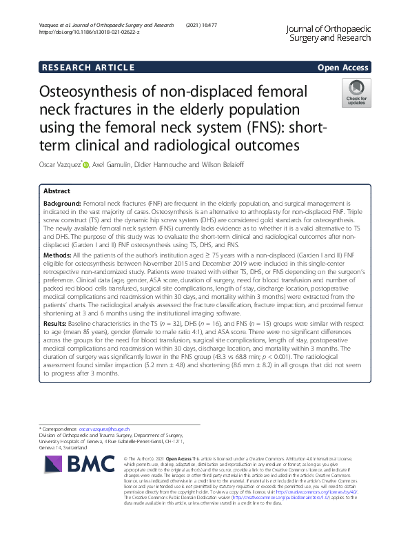 (PDF) Osteosynthesis of non-displaced femoral neck fractures in the ...