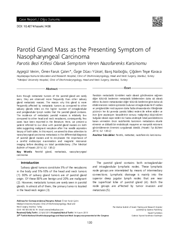 (PDF) Parotis Bezi Kitlesi Olarak Semptom Veren Nazofarenks Karsinomu ...