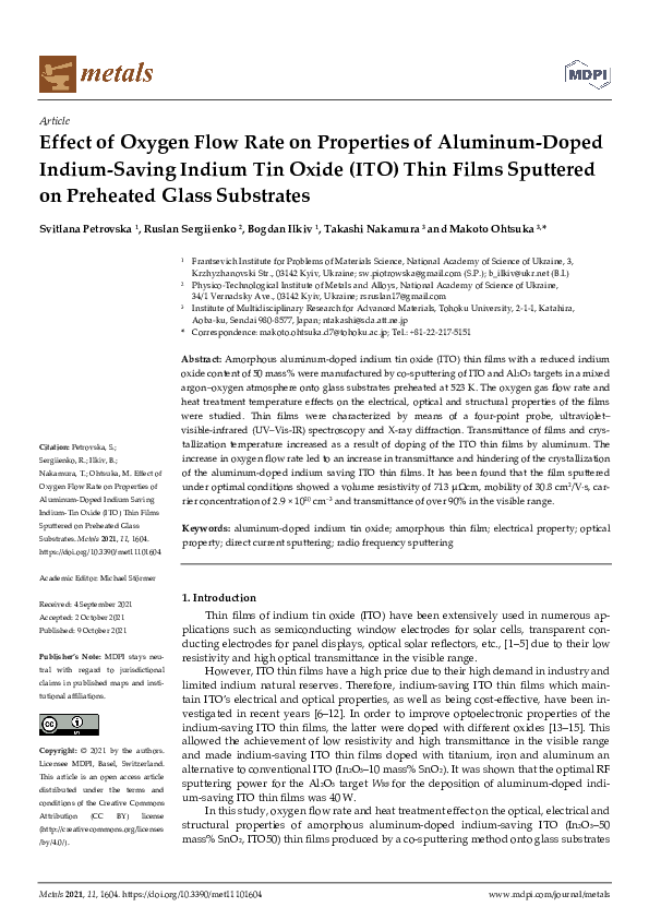 (PDF) Effect of Oxygen Flow Rate on Properties of Aluminum-Doped Indium-Saving Indium Tin Oxide ...