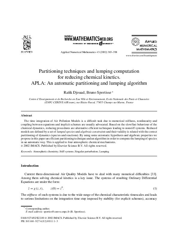 (PDF) Partitioning techniques and lumping computation for reducing chemical kinetics. APLA: An ...