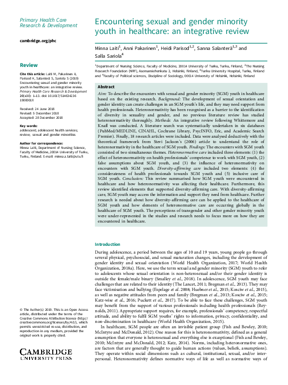 (PDF) Encountering sexual and gender minority youth in healthcare: an integrative review | Anni ...