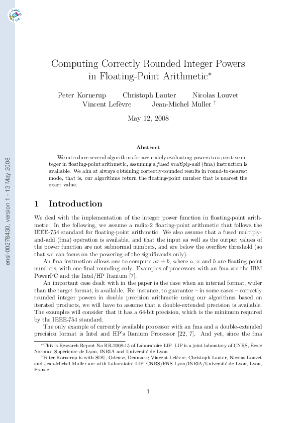 (PDF) Computing correctly rounded integer powers in floating-point ... (PDF) Computing correctly rounded integer powers in floating-point ...
