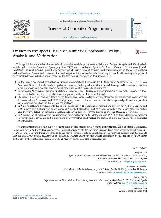 (PDF) Preface to the special issue on Numerical Software: Design, Analysis and Verification