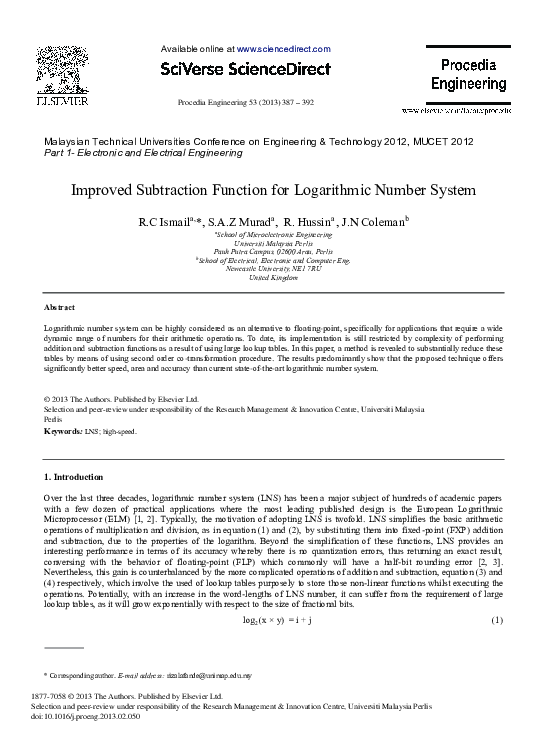 (PDF) Improved Subtraction Function for Logarithmic Number System