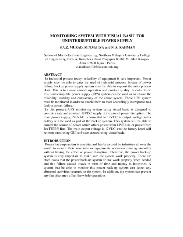 (PDF) Monitoring System with Visual Basic for Uninterruptible Power Supply