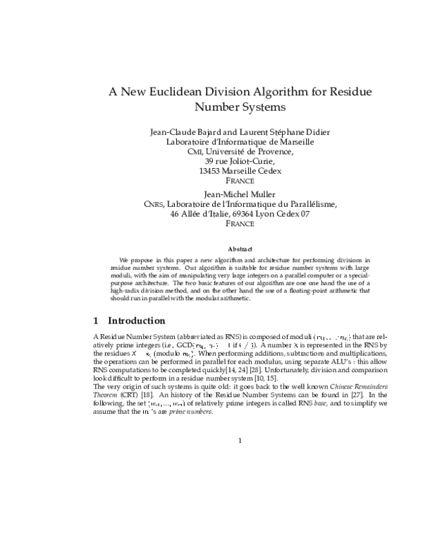 Pdf A New Euclidean Division Algorithm For Residue Number Systems