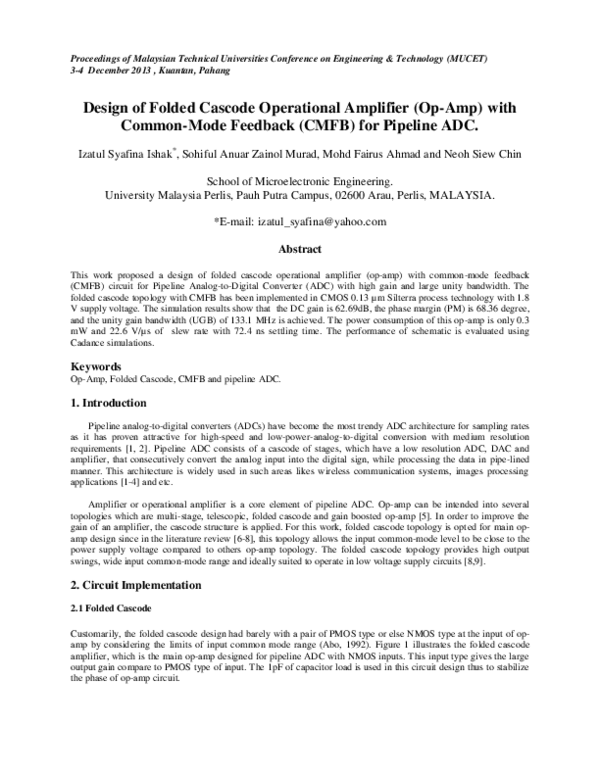 (PDF) Design of Folded Cascode Operational Amplifier (Op-Amp) with Common-Mode Feedback (CMFB ...