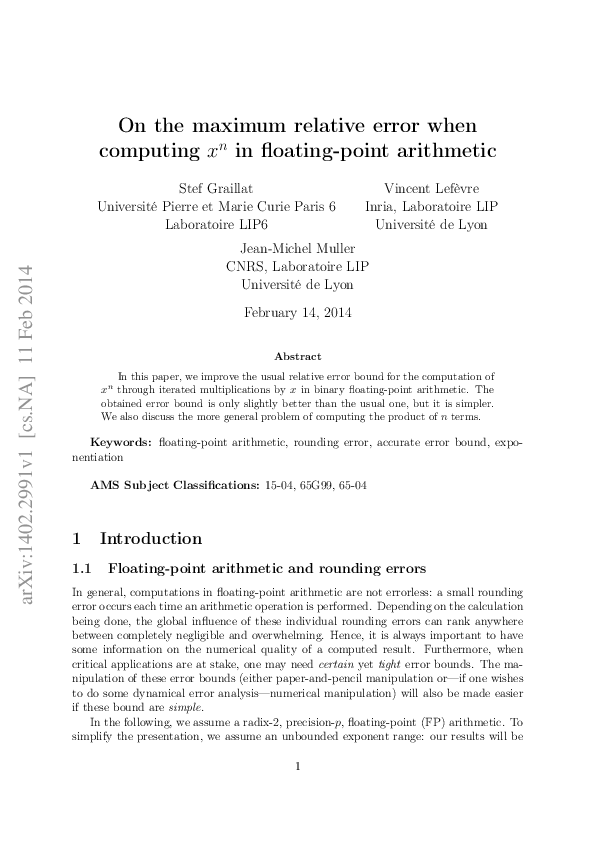 Pdf On The Maximum Relative Error When Computing X N In Floating Point Arithmetic