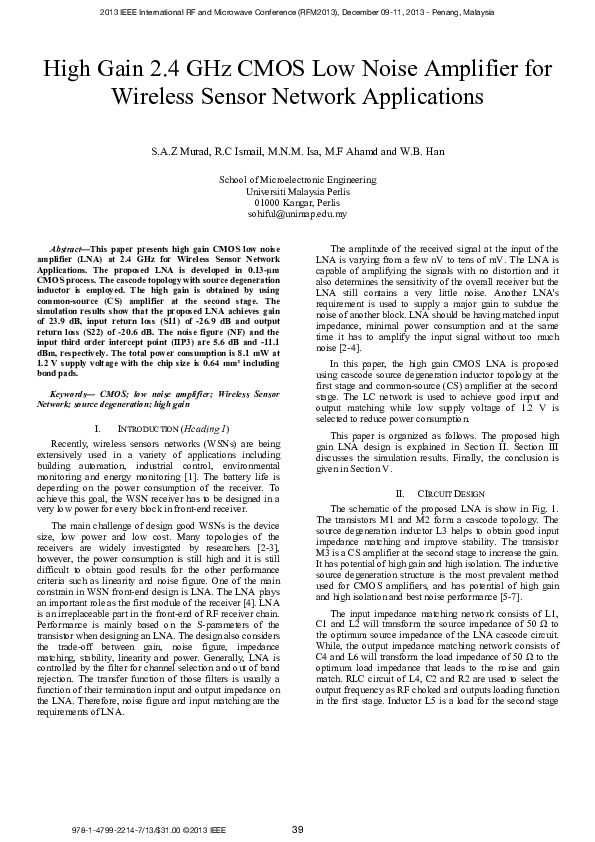 (PDF) High gain 2.4 GHz CMOS low noise amplifier for Wireless Sensor Network Applications