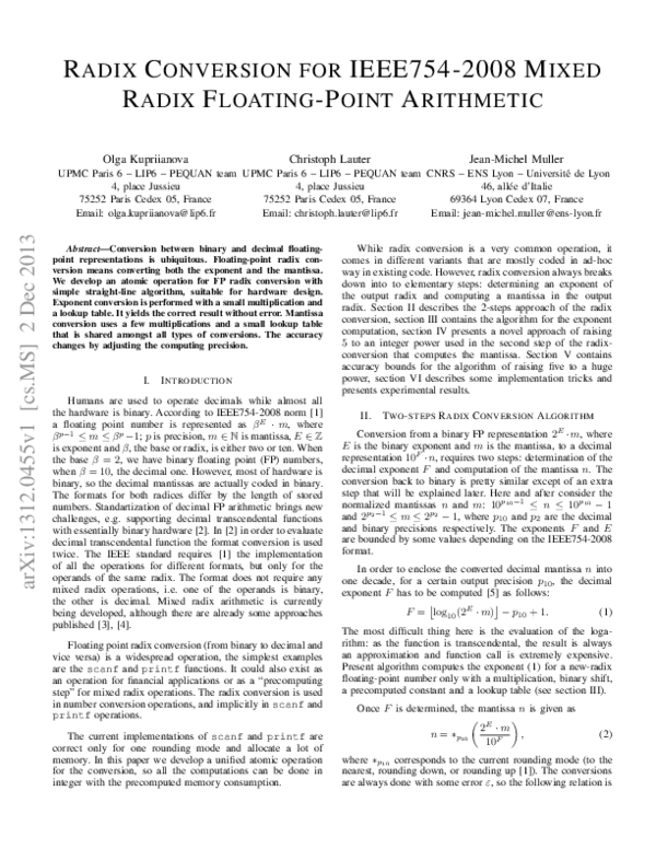 (PDF) Radix conversion for IEEE754-2008 mixed radix floating-point arithmetic