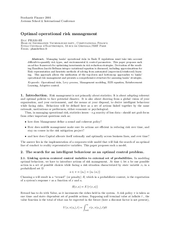 (PDF) Optimal operational risk management