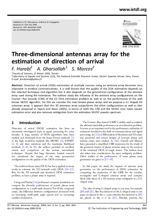 Pdf Three Dimensional Antennas Array For The Estimation Of Direction Of Arrival