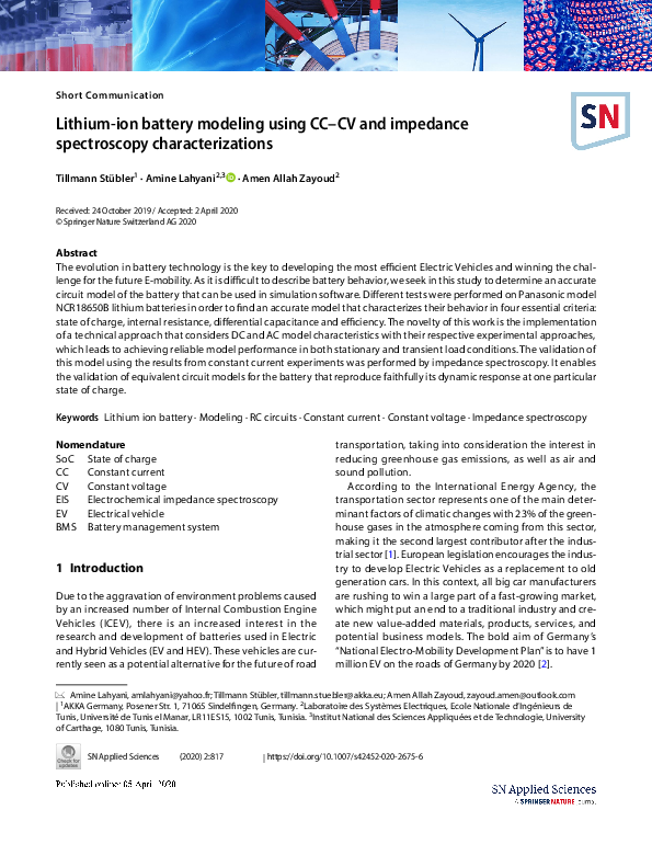 (PDF) Lithium-ion battery modeling using CC–CV and impedance spectroscopy characterizations