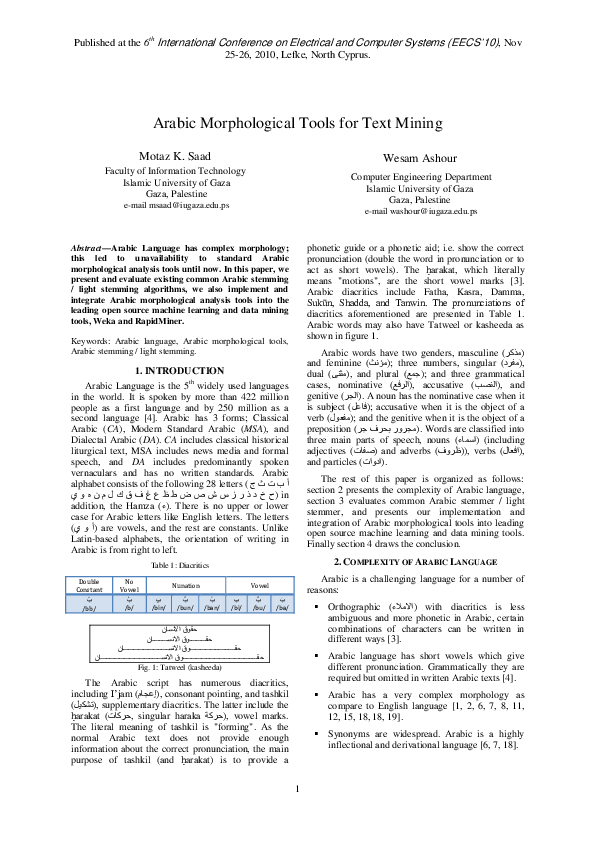 (PDF) Arabic Morphological Tools for Text Mining