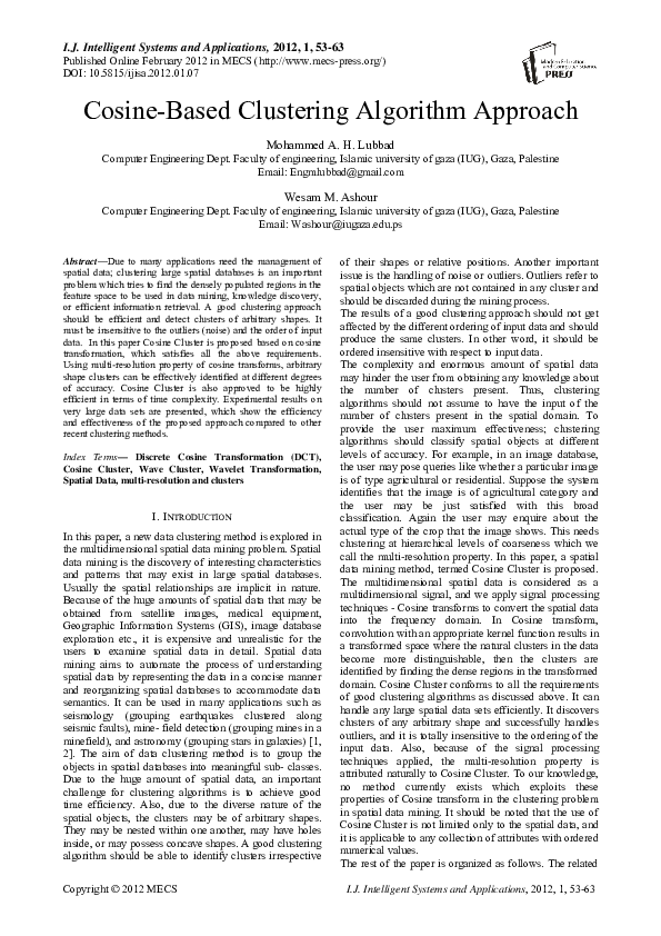 (PDF) Cosine-Based Clustering Algorithm Approach