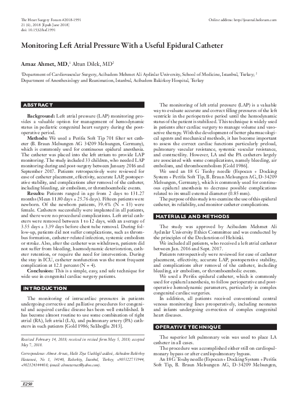 (PDF) Monitoring Left Atrial Pressure With a Useful Epidural Catheter