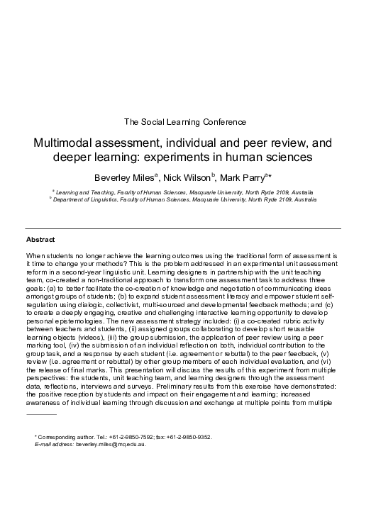 (PDF) Multimodal assessment, individual and peer review, and deeper ...