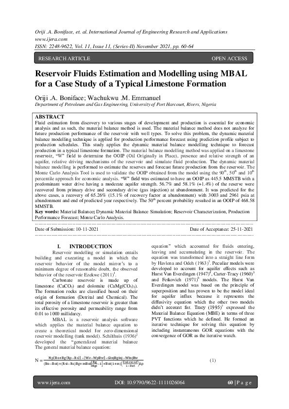 (PDF) Reservoir Fluids Estimation and Modelling using MBAL for a Case ...