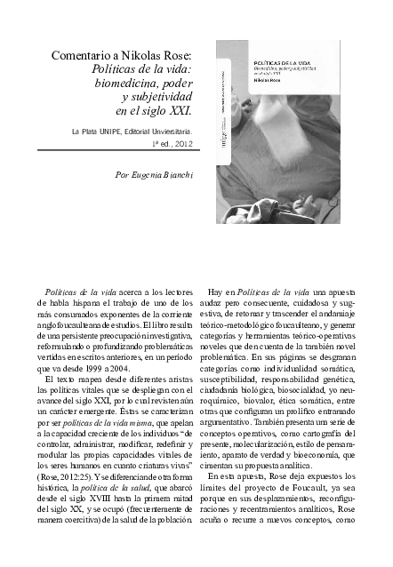 (PDF) Comentario a Nikolas Rose: Políticas de la vida: biomedicina ...