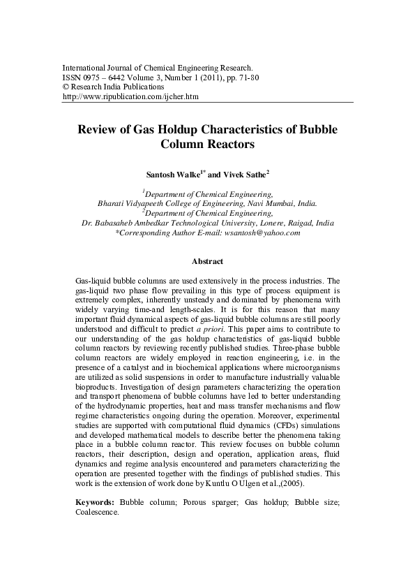 (PDF) Review of Gas Holdup Characteristics of Bubble Column Reactors