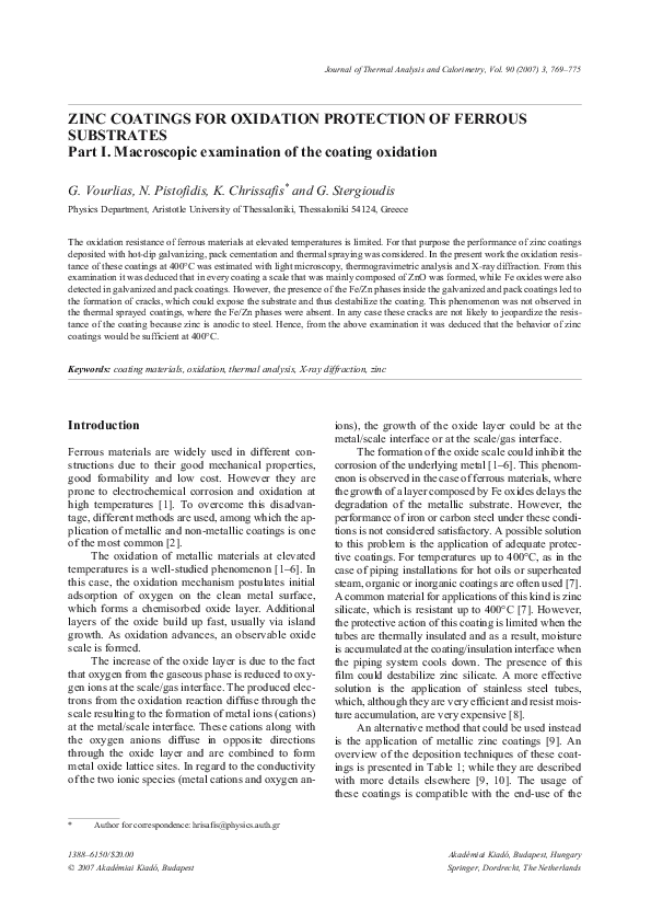 (PDF) Zinc coatings for oxidation protection of ferrous substrates