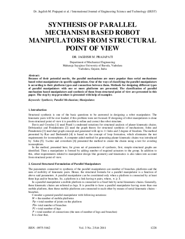 (PDF) Synthesis of Parallel Mechanism Based Robot Manipulators from Structural Point of View