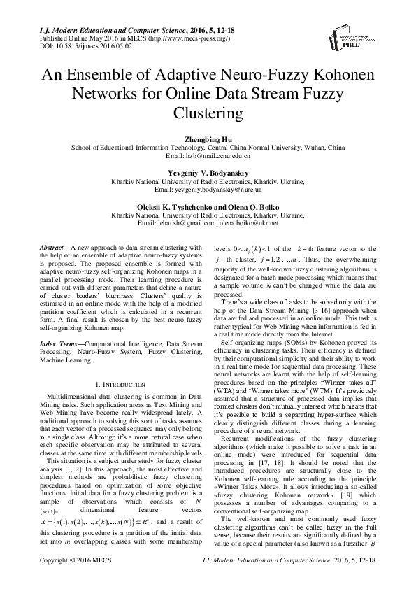 (PDF) An Ensemble of Adaptive Neuro-Fuzzy Kohonen Networks for Online Data Stream Fuzzy Clustering