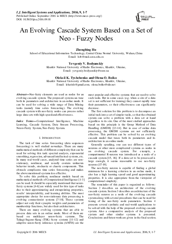 (PDF) An Evolving Cascade System Based on a Set of Neo - Fuzzy Nodes