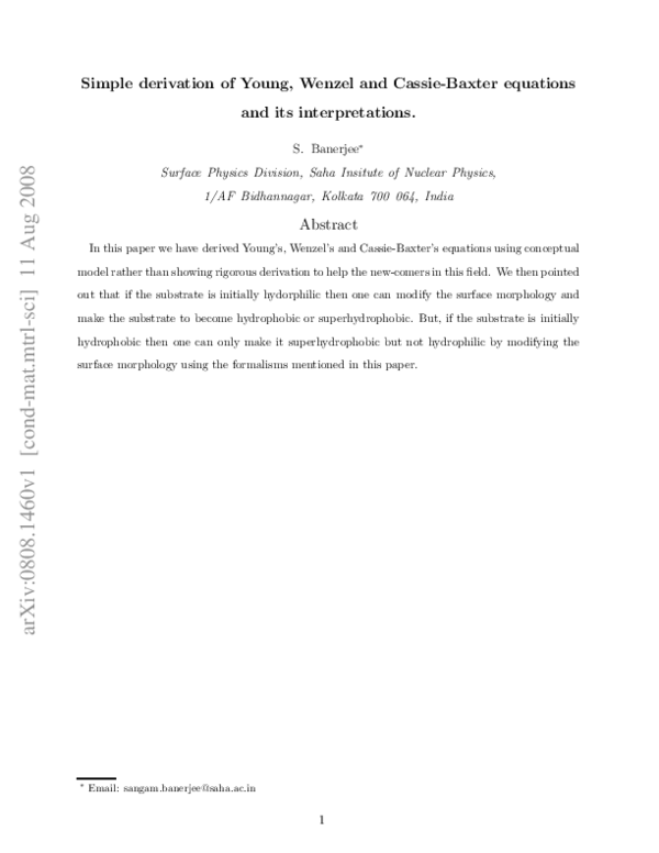 (PDF) Simple derivation of Young, Wenzel and Cassie-Baxter equations ...