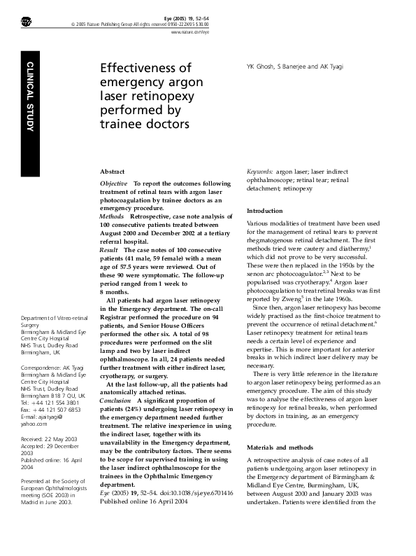 (PDF) Effectiveness of emergency argon laser retinopexy performed by ...