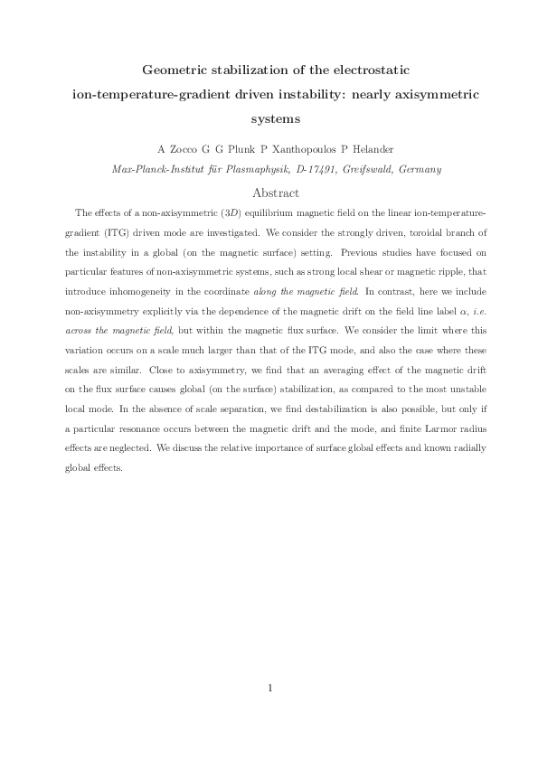 (PDF) Geometric stabilization of the electrostatic ion-temperature-gradient driven instability ...