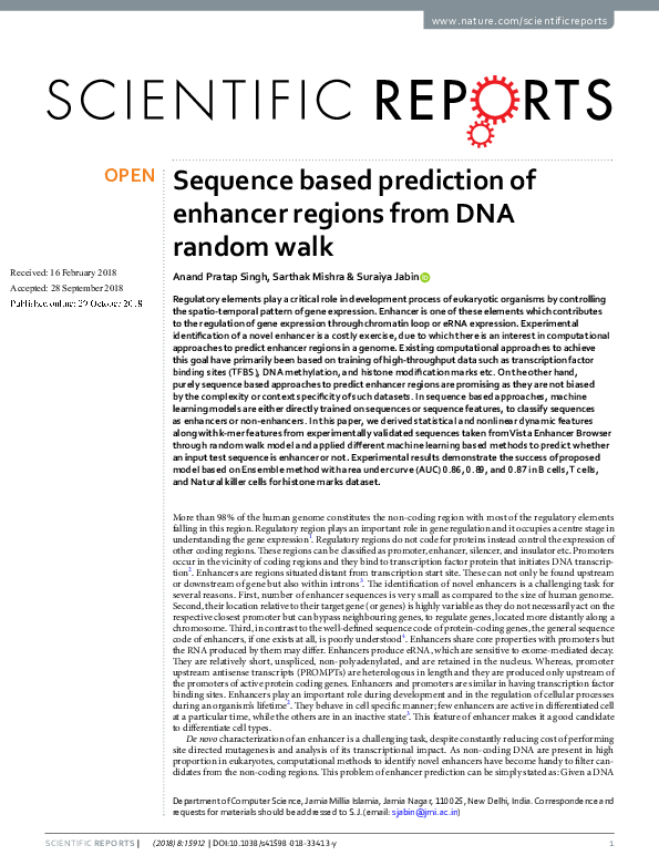 (PDF) Sequence based prediction of enhancer regions from DNA random walk