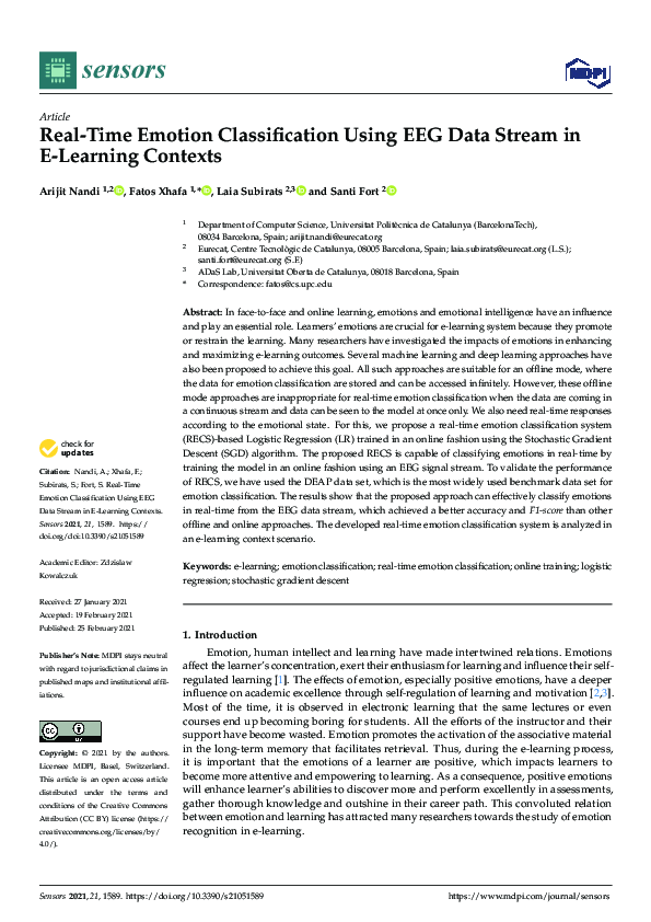 (PDF) Real-Time Emotion Classification Using EEG Data Stream in E-Learning Contexts