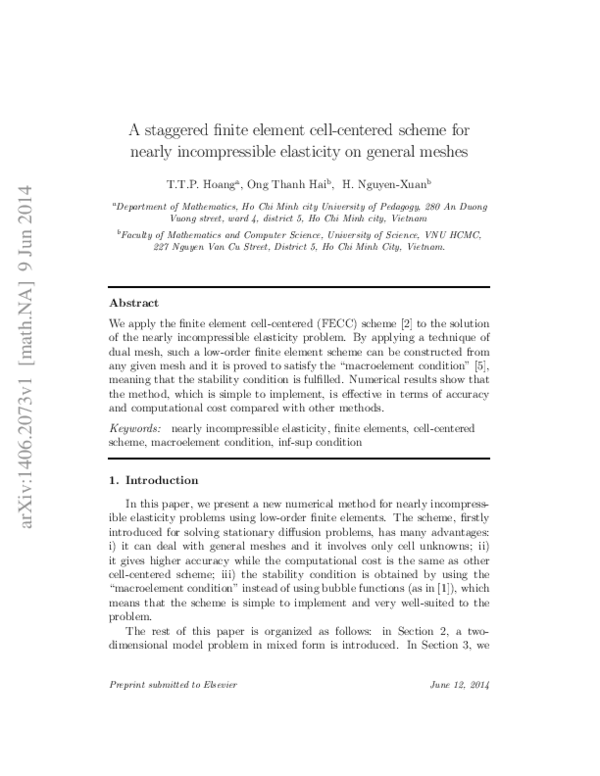 Pdf A Staggered Finite Element Cell Centered Scheme For Nearly Incompressible Elasticity On